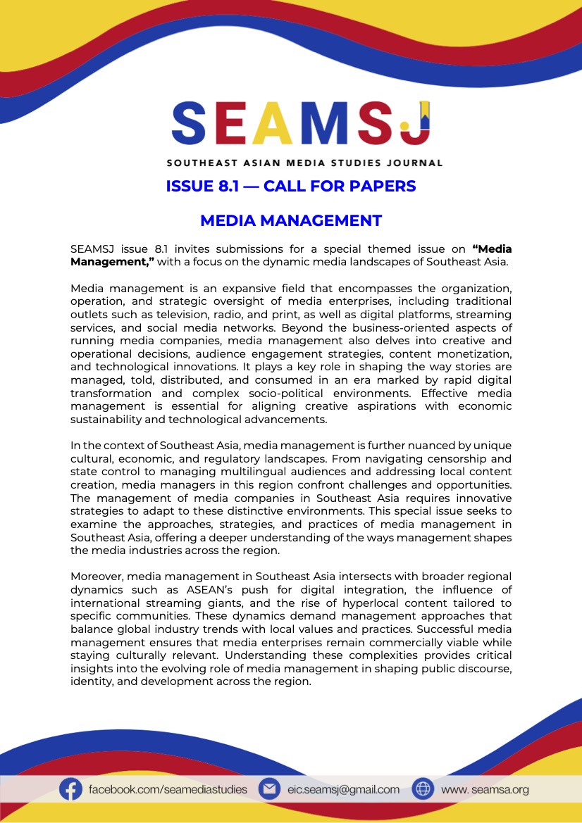 Call for Papers for Issues 8.1 “Media Management” – [SEAMSA]